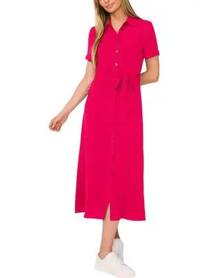 CECE DUPRAZ Tie Belt Button-up Twill Gauze Midi Dress - Brt Geranium