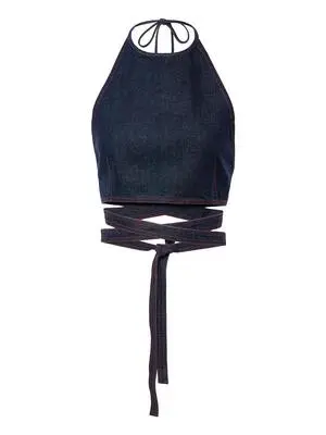 Alaïa Halterneck Denim Crop Top - Blue
