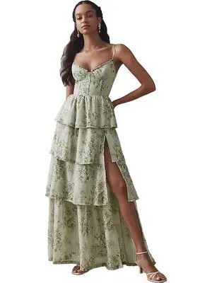 V. CHAPMAN Caterina Corset Ruffle Dress - Sage Tapestry