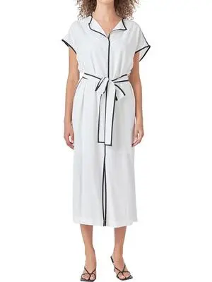 Endless Rose Contrast Binding Tie Belt Midi Dress - White/black