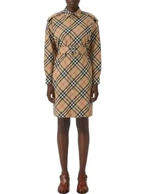 Burberry Checked Long Sleeve Dress - Sand
