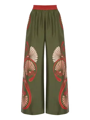 La DoubleJ La DoubleJ Kerylos-Print Silk Palazzo Trousers Green