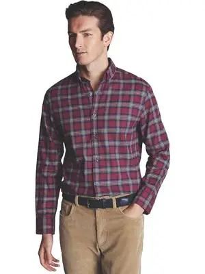 CHARLES TYRWHITT Slim Fit Button-down Collar Brushed Flannel Check Shirt Dark Red