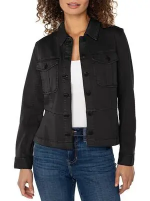 LIVERPOOL Peplum Twill Trucker Jacket - Onyx
