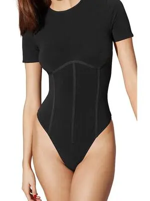 FLEUR DU MAL Short Sleeve Thong Bodysuit - Black