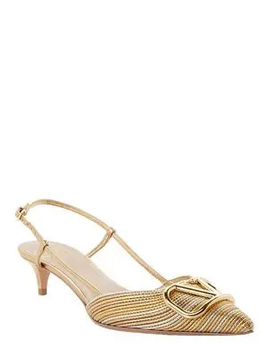 Valentino Garavani Pointed Toe Logo Kitten Heel Slingback Pumps - Gold