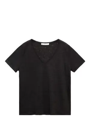Mango V-neck Linen T-shirt - Black
