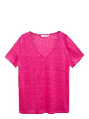Mango MANGO V-Neck Linen T-Shirt Fuchsia