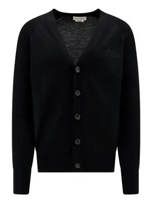 Alexander McQueen Wool Cardigan With Logo Embroidery - Black