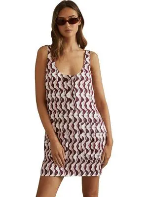 REISS Oxsana Wave Print Mini Dress - Burgundy
