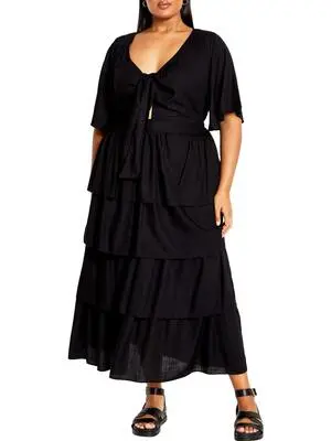 City Chic Ana Tie Front Tiered Midi Dress - Black