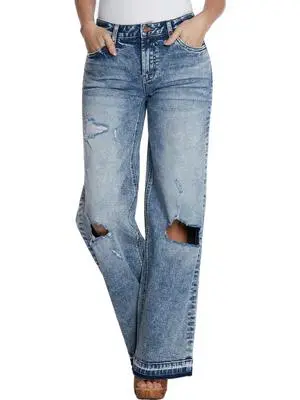 HINT OF BLU Deconstructed Wide Leg Jeans - Torn Blue