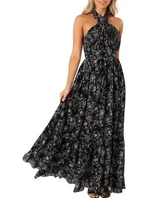 PETAL & PUP Lennon Floral Halter Gown - Black Floral
