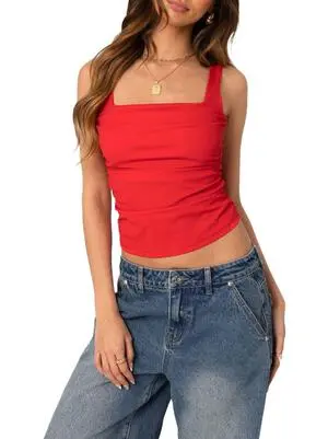 EDIKTED Rio Ruched Square Neck Tank Top - Red