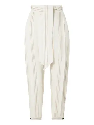 Loro Piana Gustel Belted Striped Linen Tapered Trousers - White