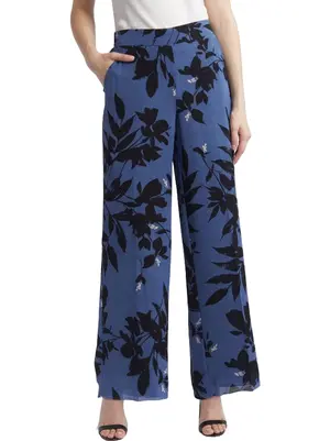 Anne Klein Floral Wide Leg Pants - Blu Jay/ Anne Black Multi