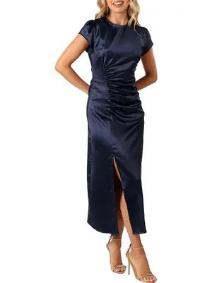 PETAL & PUP Lisbeth Ruched Satin Midi Dress - Navy