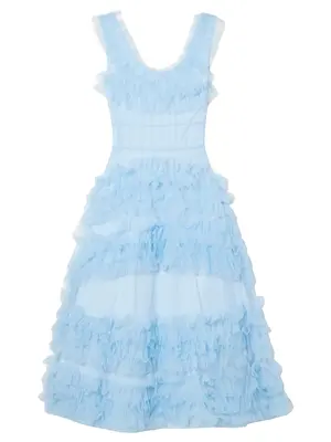 MOLLY GODDARD Mertyl Tiered Ruffled Tulle Midi Dress - Blue