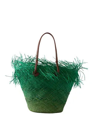 SENSI STUDIO Leather-trimmed Frayed Ombré Straw Tote - Green