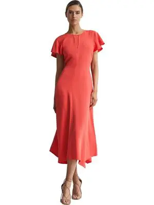 REISS Eleni Cap-sleeve Midi Dress - Coral