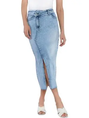 WASH LAB DENIM Asymmetric Waist Midi Skirt - Mist Blue