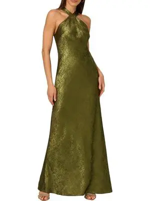 Adrianna Papell Foiled Trumpet Gown - Dark Olive