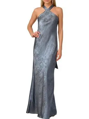 Adrianna Papell Foiled Trumpet Gown - French Blue