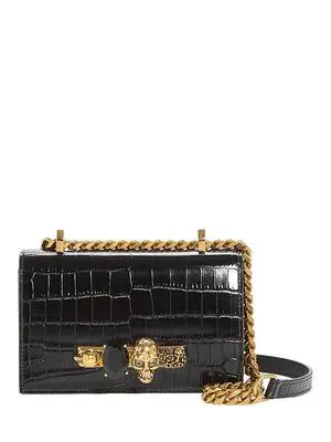 Alexander McQueen Mini Jewelled Croc Embossed Leather Shoulder Bag Black/gold