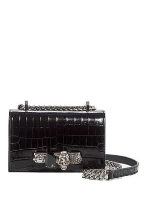 Alexander McQueen Mini Jewelled Croc Embossed Leather Shoulder Bag Black/silver