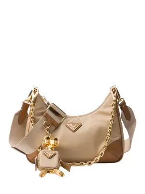 Prada Re-Nylon And Saffiano Leather Bag With Charm Camel/caramel