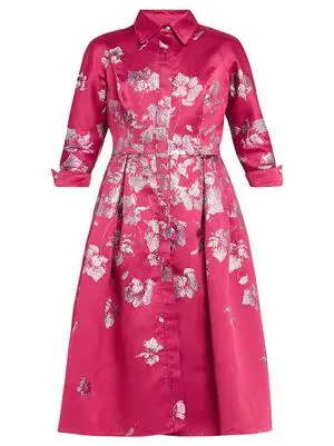 Rickie Freeman For Teri Jon Pleated Metallic Jacquard Midi Shirtdress Cranb Mult