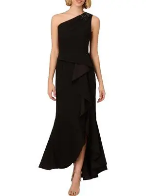 Adrianna Papell Beaded One-shoulder Crepe Gown - Black