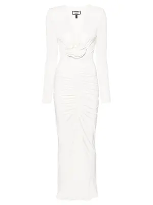 NISSA Rose-appliqué Ruched Maxi Dress - White