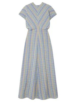 TOTEME Gathered Checked Linen-blend Maxi Dress Blue