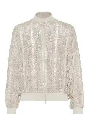 BRUNELLO CUCINELLI Dazzling Striped Net Embroidery Bomber Jacket