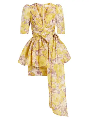 Zimmermann Floral Print Linen And Silk-blend Mini Dress With Bow - Yellow