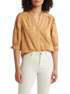 Wit & Wisdom Wit & Wisdom Embroidered Eyelet Button-Up Shirt Biscotti