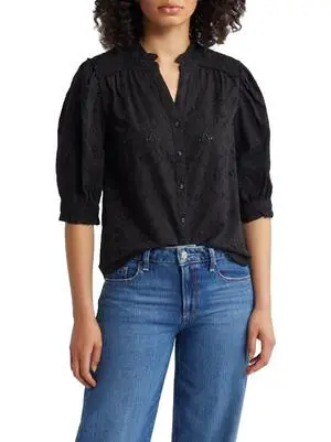 Wit & Wisdom Wit & Wisdom Embroidered Eyelet Button-Up Shirt Black