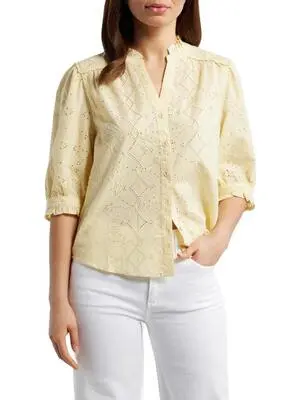 Wit & Wisdom Wit & Wisdom Embroidered Eyelet Button-Up Shirt Buttercream