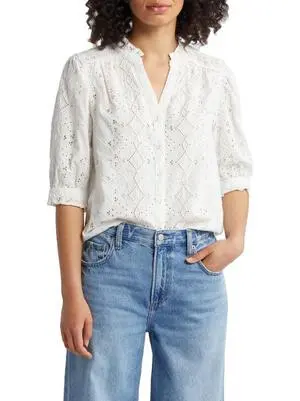Wit & Wisdom Wit & Wisdom Embroidered Eyelet Button-Up Shirt Off White