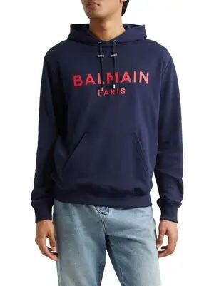 Balmain Logo Graphic Organic Cotton Hoodie - Soa Navy/ Red