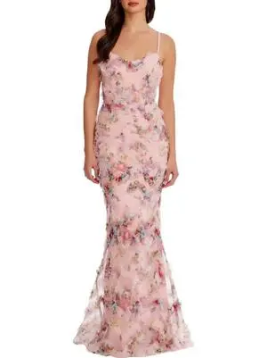 Dress The Population Giovanna Floral Ruffle Mermaid Gown - Blush Multi