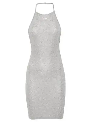 Off-White Ribbed-knit Lurex Halterneck Mini Dress - Silver