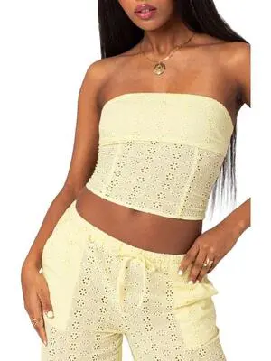 EDIKTED Eyelet Lace-up Corset Crop Tube Top - Yellow