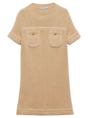 Prada Knitted Cotton Mini Dress - Neutrals
