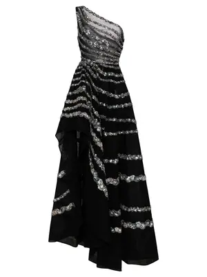 SAIID KOBEISY Beaded One-Shoulder Gown Black