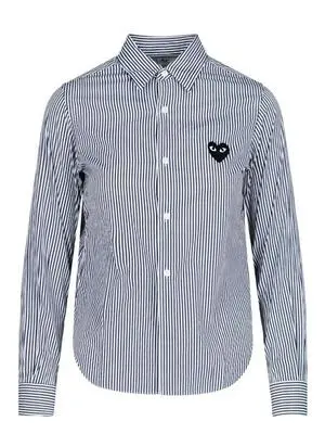 Play Comme Des Garcon Stripe Embroidered Heart Shirt - Blue/white