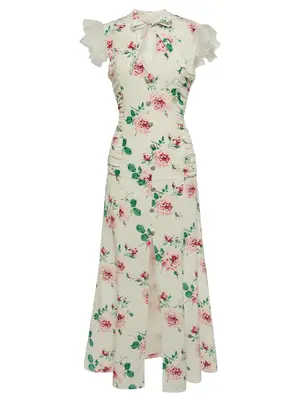 Alessandra Rich Floral Silk Midi Dress - White
