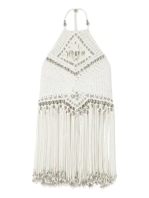 Rabanne Fringed Embellished Macramé Halterneck Top - White