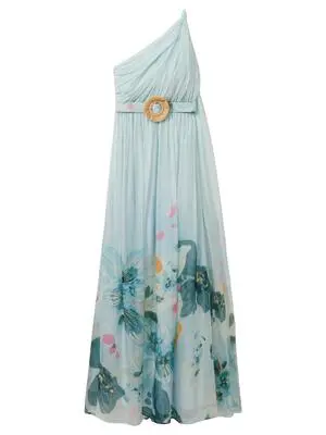 LEO LIN Silk Blend Pleated Maxi Dress - Blue Print